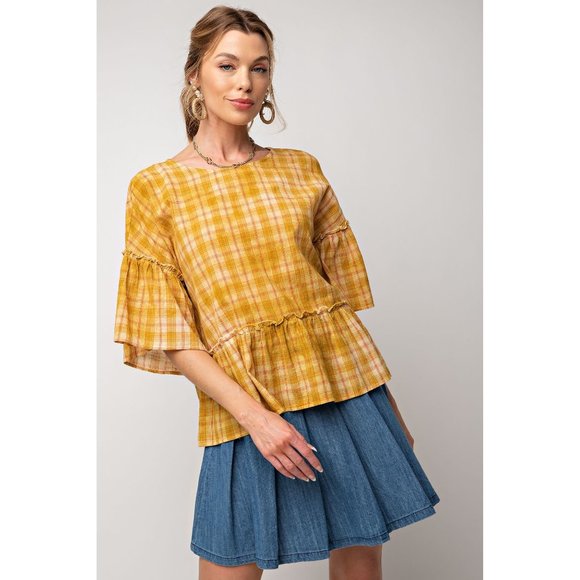 easel | Tops | Easel Plus Mustard Overdye Washed Plaid Ruffle Loose Fit ...